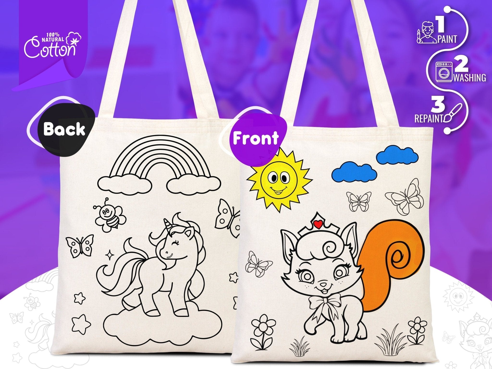 Coloring Tote Bag for Kids – Washable Unicorn & Cat Cotton Bag