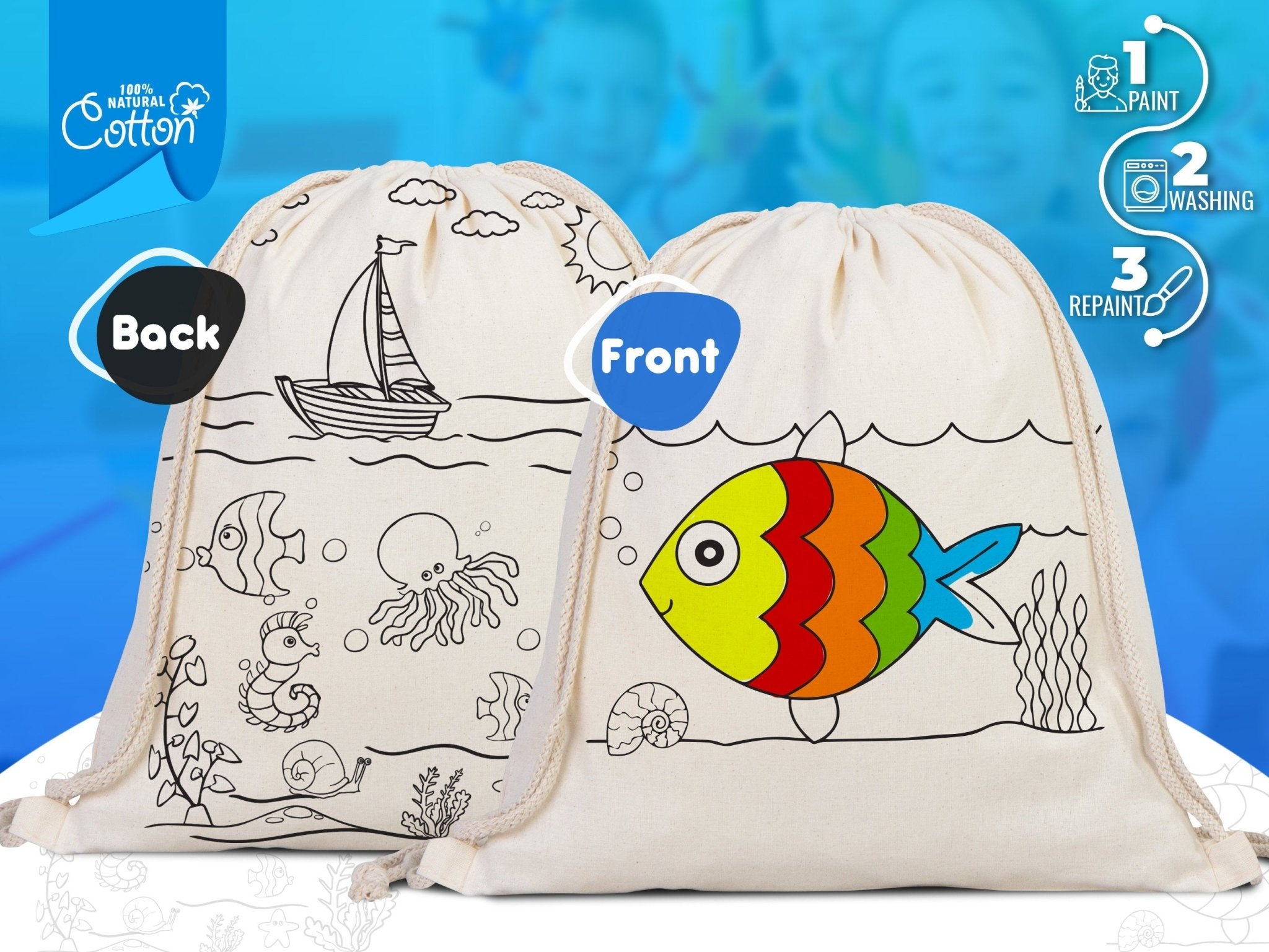 Kids Fish Coloring Bag – Cotton Drawstring Craft Backpack