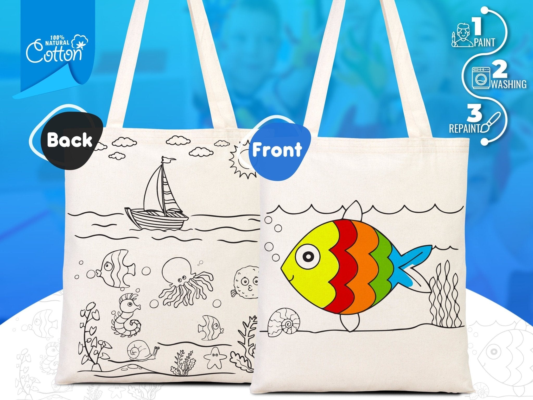 Coloring Tote Bag for Kids | Fish & Ship Paintable Cotton Bag