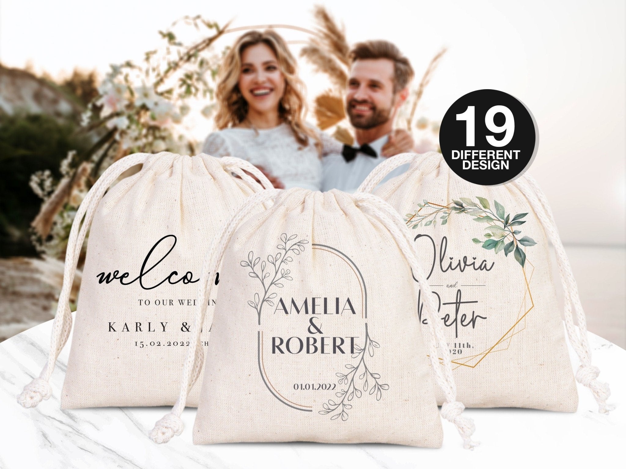 Custom Wedding Favor Pouches - Personalized Drawstring Bags